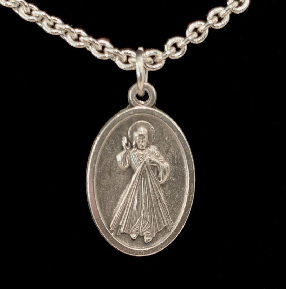 Divine Mercy Medal Necklace With Silver Chain - Silver Jesus Medal, I ...
