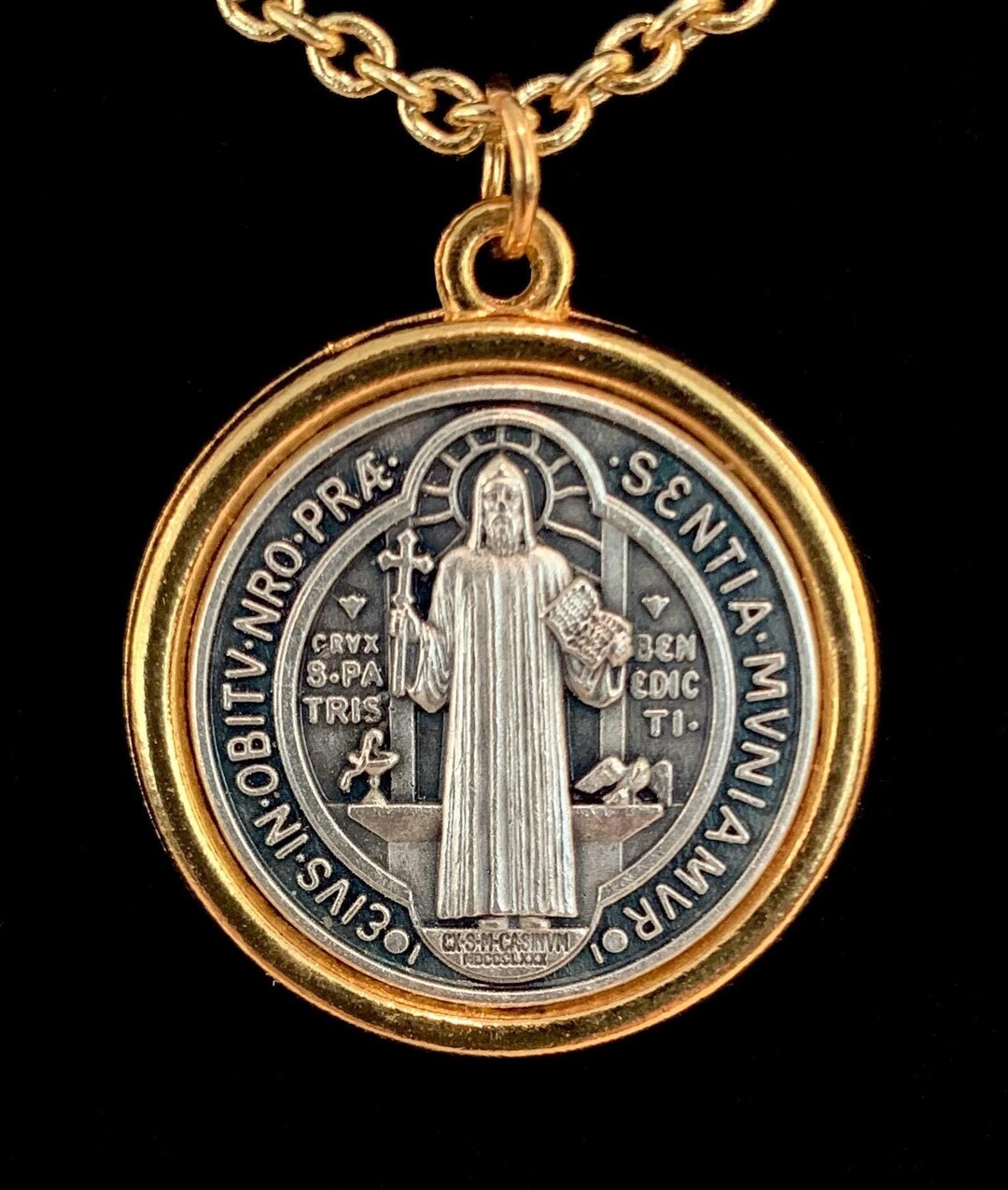 St Benedict Medal Necklace - Golden Chain With 2 Tone Gold and Silver ...