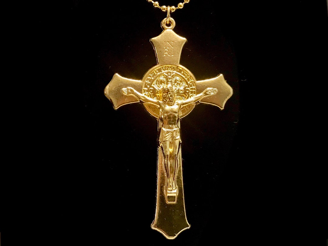 Large Gold Cross of St Benedict Necklace - Plated Gold St Benedict ...