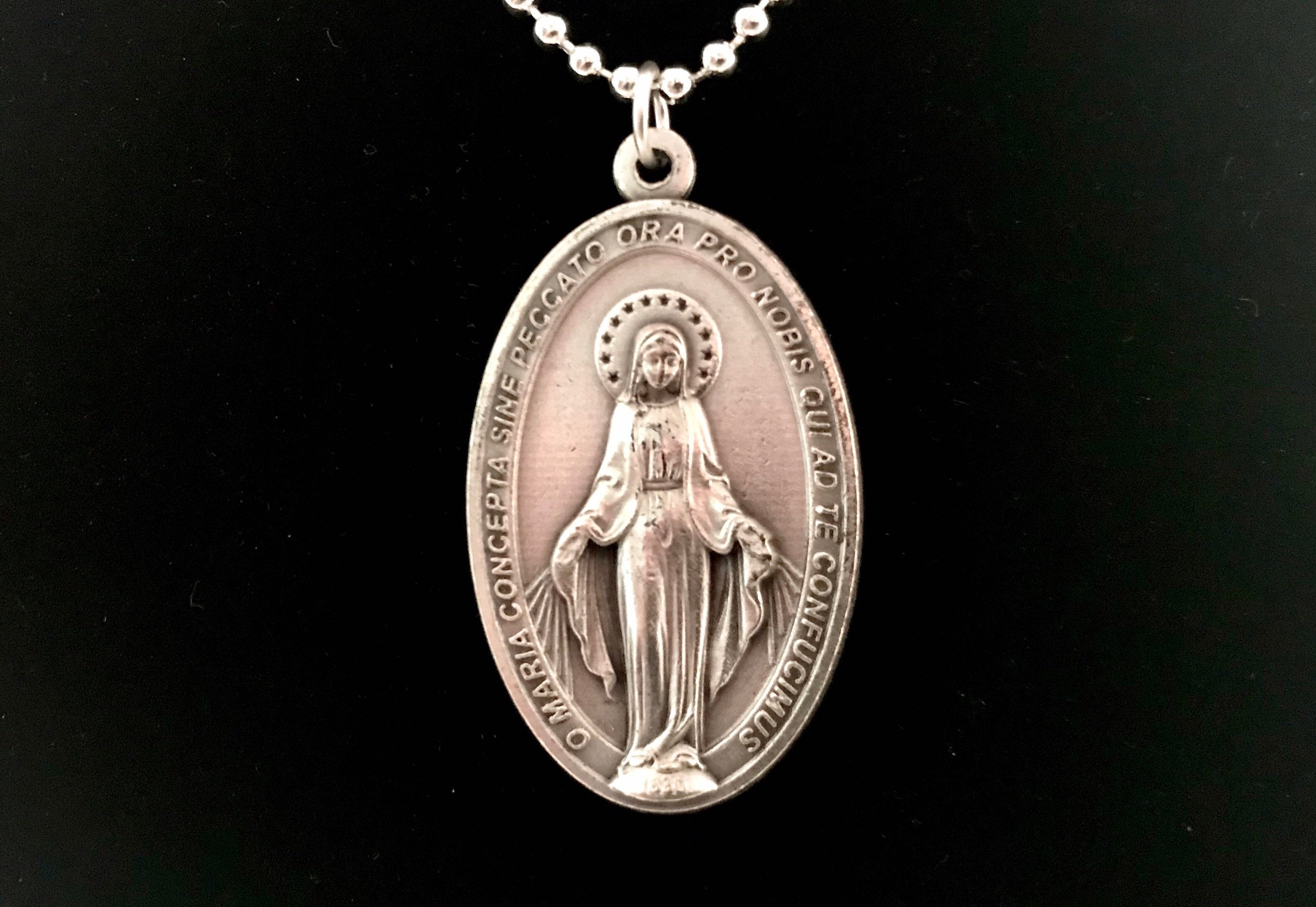 Large Latin Miraculous Medal Necklace Large Medal Virgin Mary Pendant ...