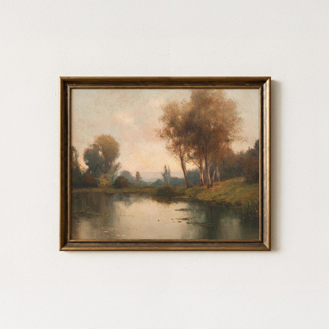Golden Hour Pond Landscape Art Print: Vintage Autumn Scene (digital ...