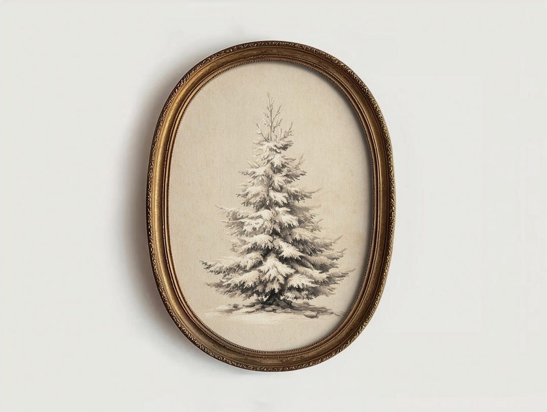 Pine Tree in the Snow, Snowy Tree, Winter Art, Vintage Art, Framed ...