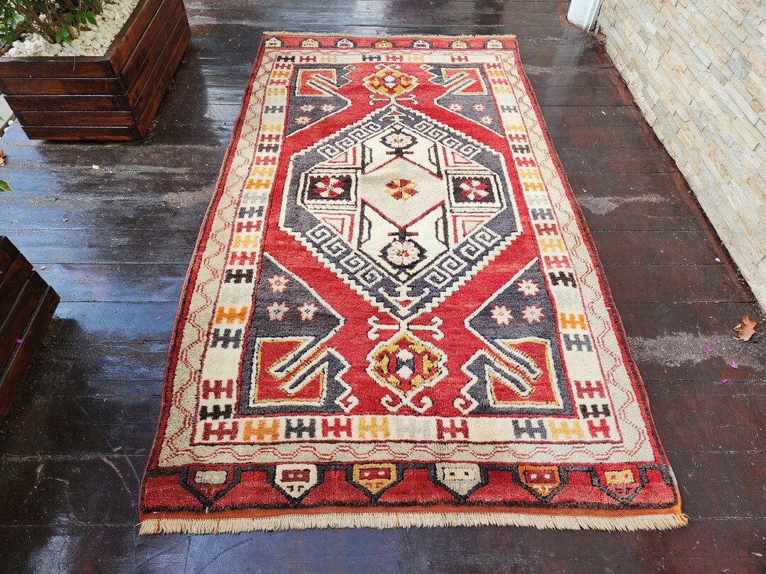 Antique Turkish Rug, 7 Ft X 3 Ft 9 In, Red, Blue and White Medallion ...