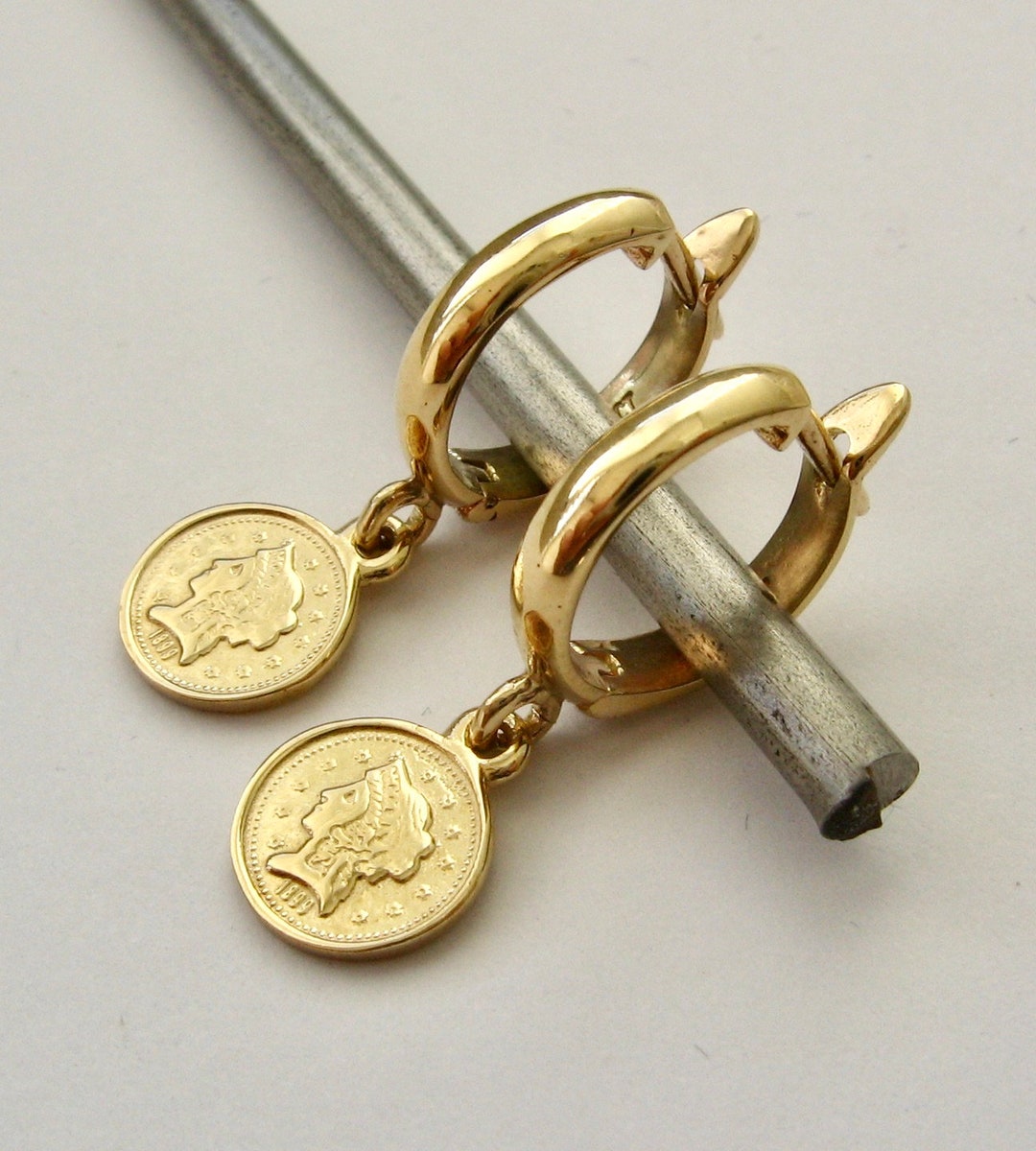 Genuine SOLID 9K 9ct YELLOW GOLD Hoop Coin Dangle Earrings - Etsy UK