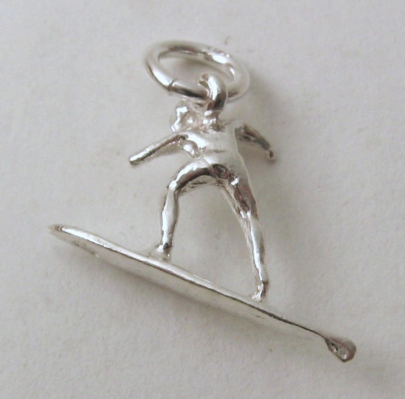 Genuine SOLID 925 STERLING SILVER 3D Surfer on Surf Board Beach Sport ...