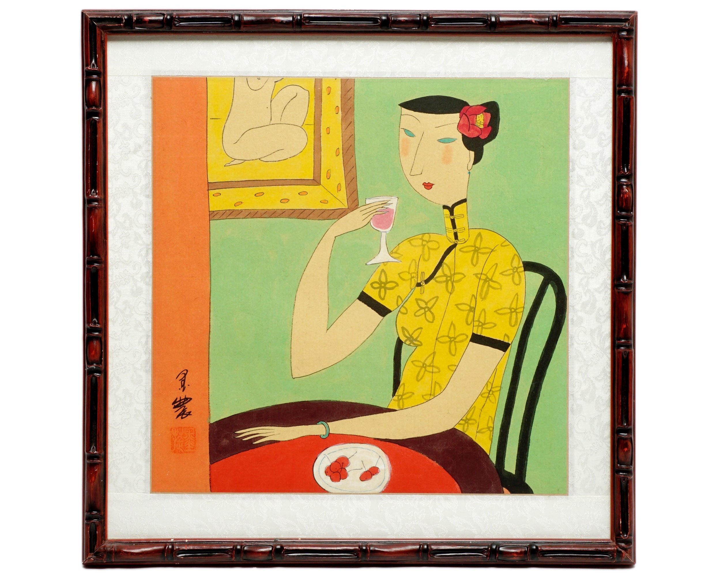 Chinese Modernist Painting by Artist Mo Nong Asian Woman Tasting Red ...