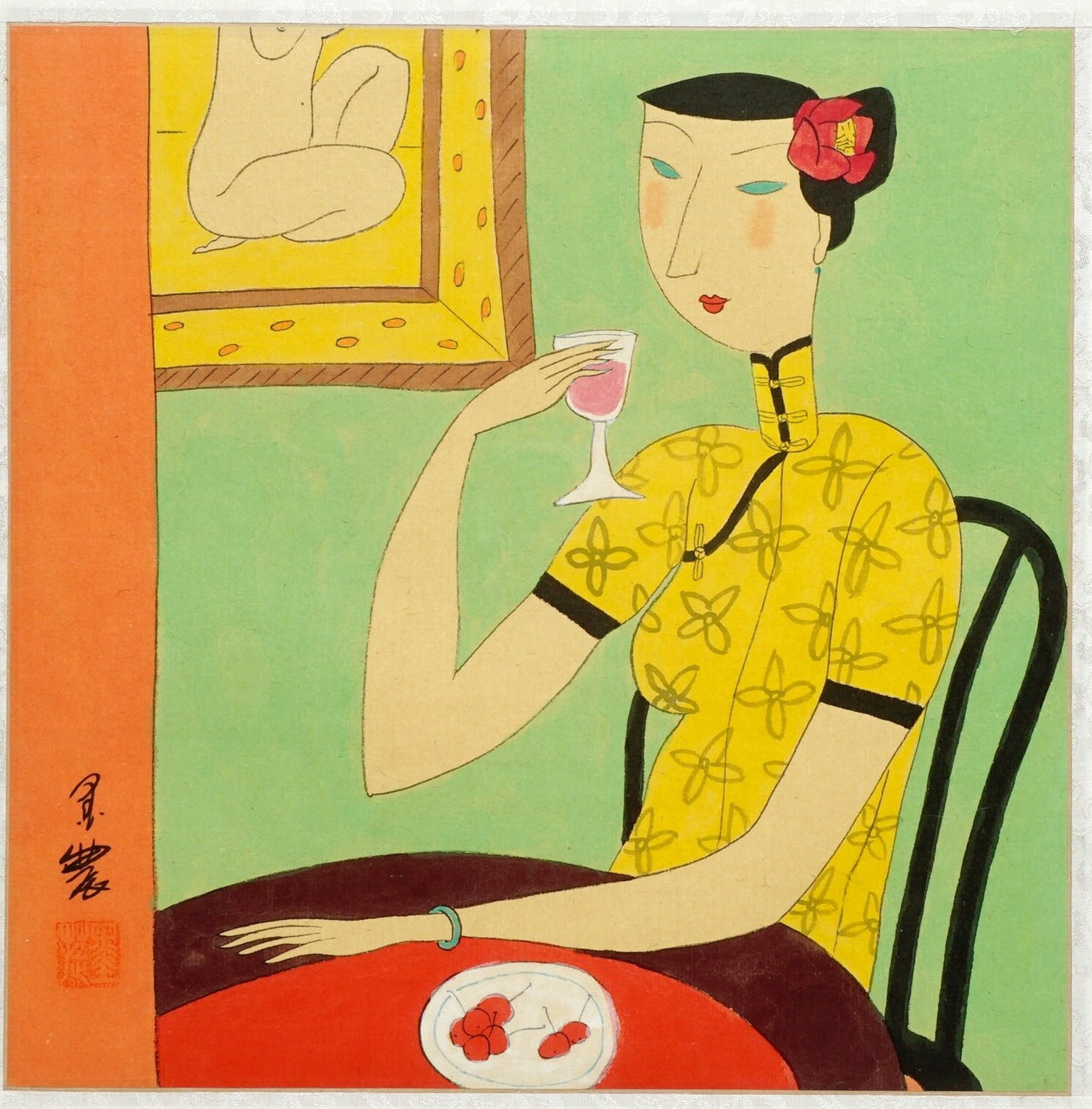 Chinese Modernist Painting by Artist Mo Nong Asian Woman Tasting Red ...