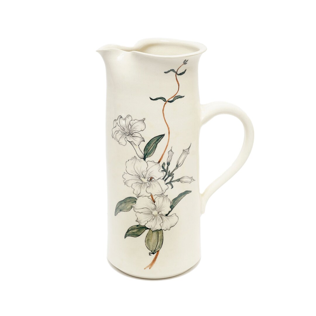 Hand Painted 10 Inch Tall Pottery Pitcher White Morning Glory Flower ...