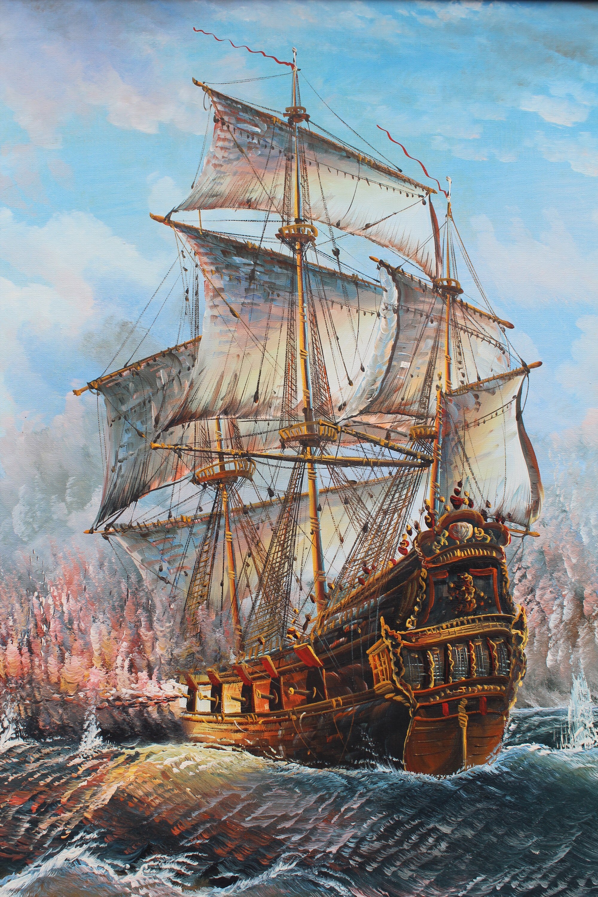 Battleships at Sea - Vintage Original Impressionist Large Nautical Oil ...