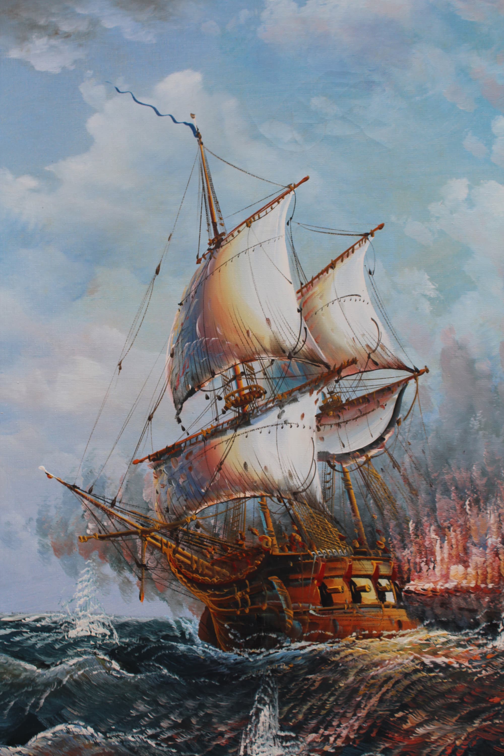 Battleships at Sea - Vintage Original Impressionist Large Nautical Oil ...