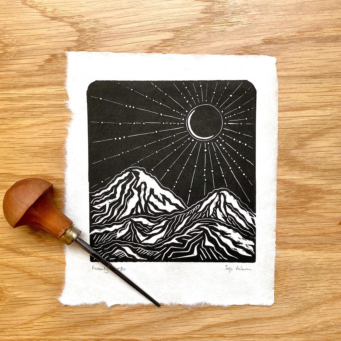 Original Linocut 'moonlight' Handprinted Lino Print on Natural Papers ...
