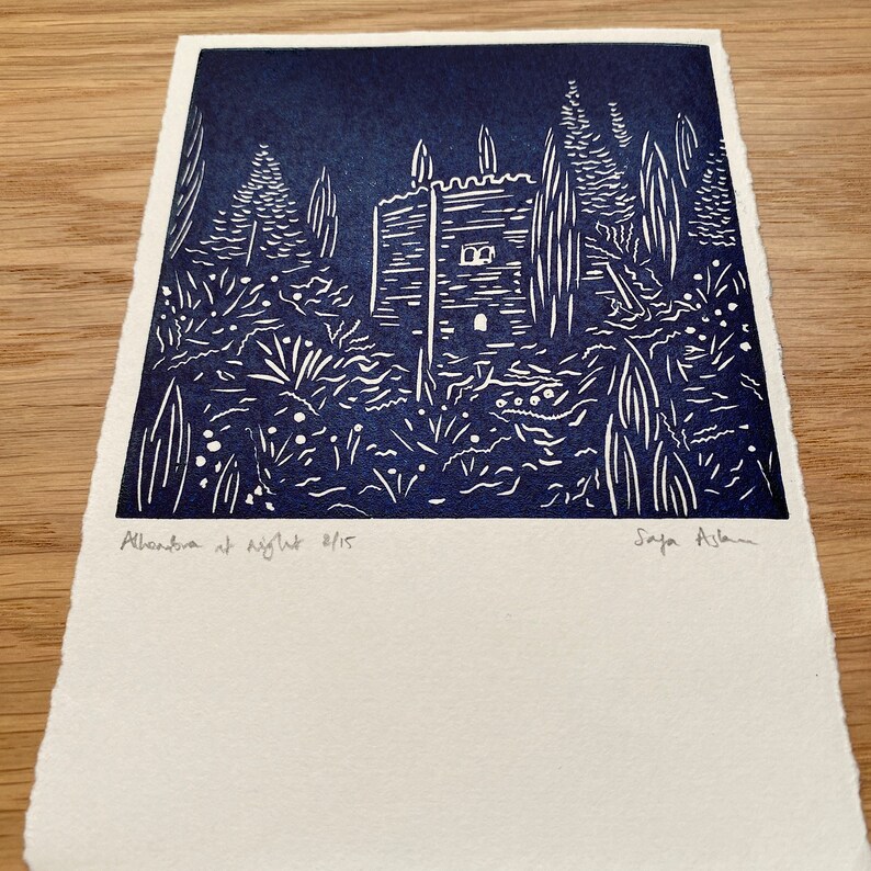 Original Linocut 'alhambra at Night' Handprinted Lino Print on Natural ...
