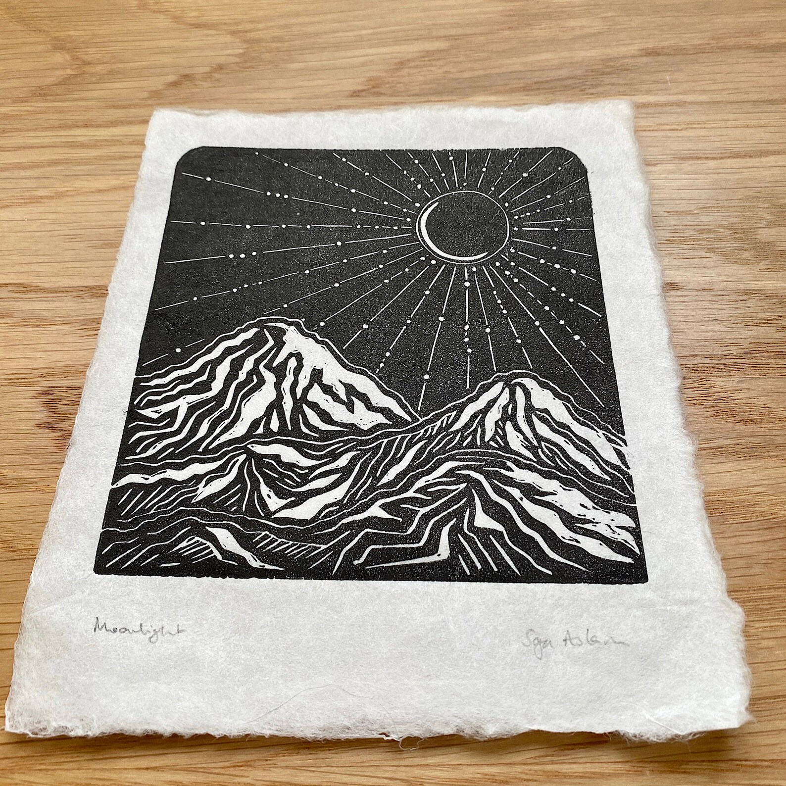 Original Linocut 'moonlight' Handprinted Lino Print on Natural Papers ...