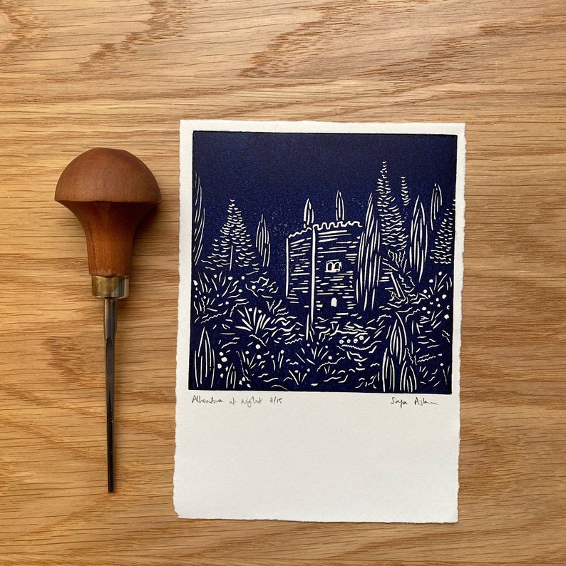 Original Linocut 'alhambra at Night' Handprinted Lino - Etsy