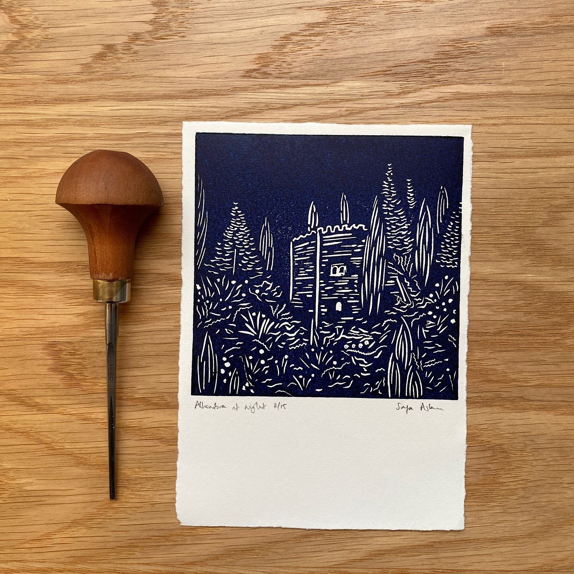 Original Linocut 'alhambra at Night' Handprinted Lino Print on Natural ...