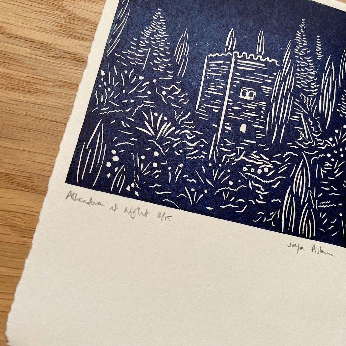 Original Linocut 'alhambra at Night' Handprinted Lino Print on Natural ...