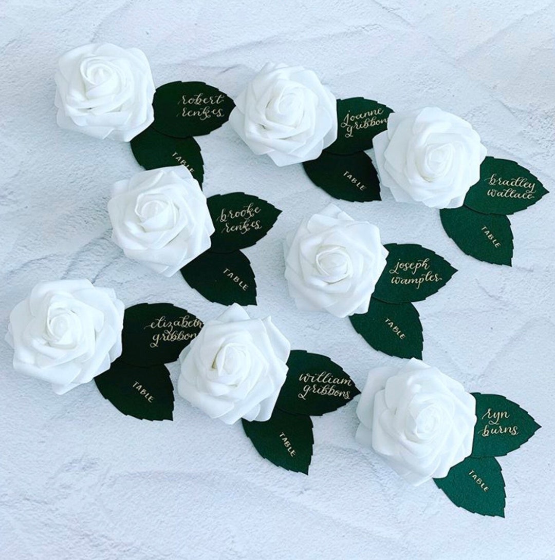 White Rose Place Cards || Hand Calligraphy Wedding Escort Cards || Faux ...