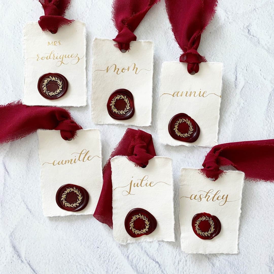 Calligraphy Cream and Burgundy Gift Tags | Handmade Paper Tags | Wax ...