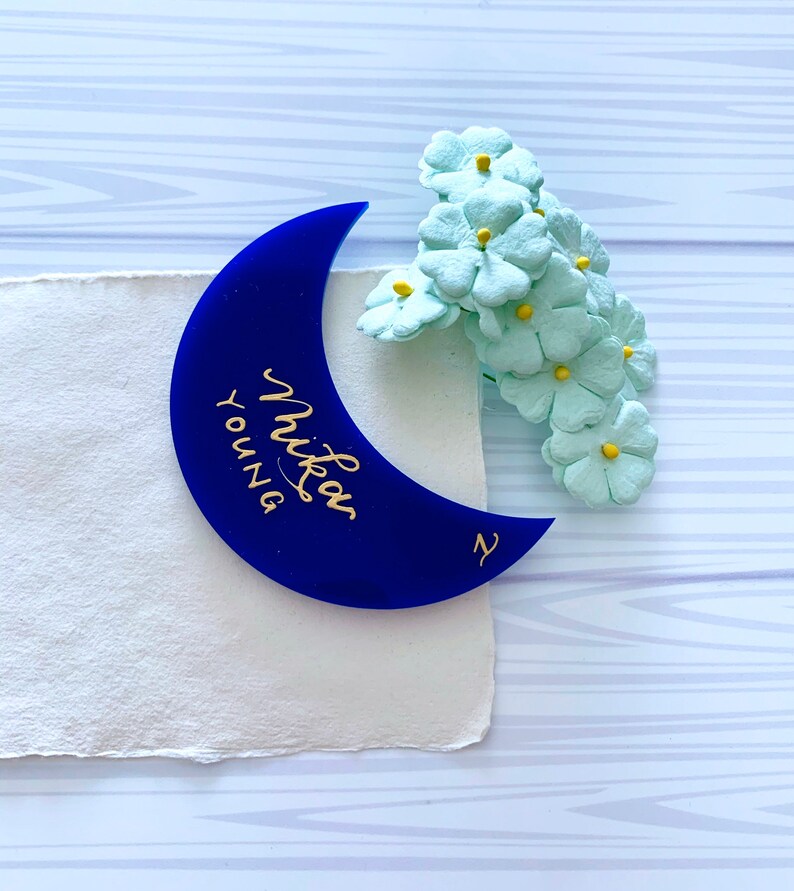 Blue Crescent Moon Acrylic Place Cards | Moon Wedding Place Card ...