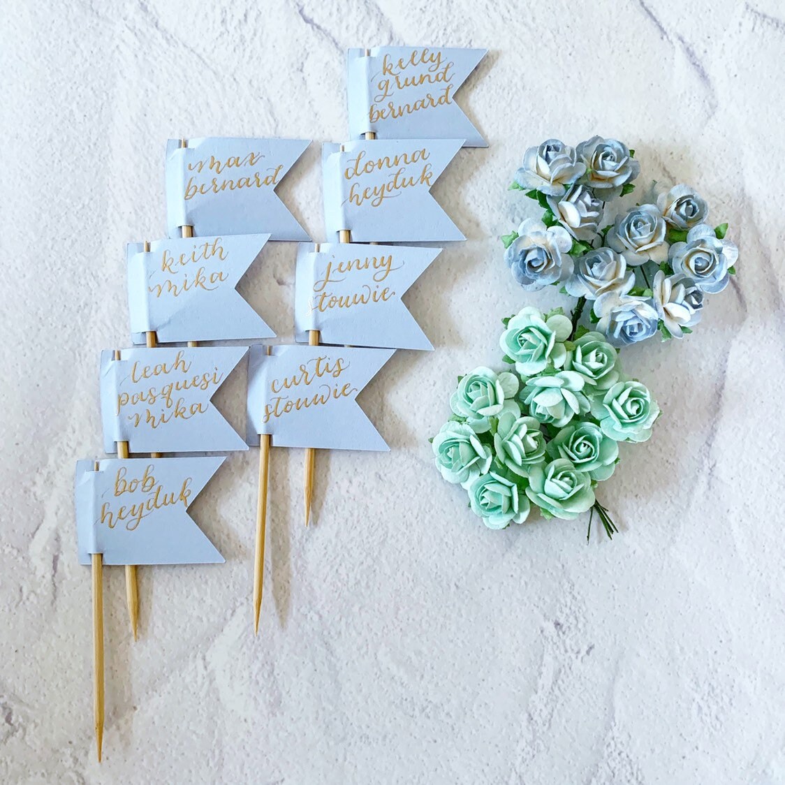 Hand Lettered Banner Flag Place Cards White Flags Bamboo | Etsy
