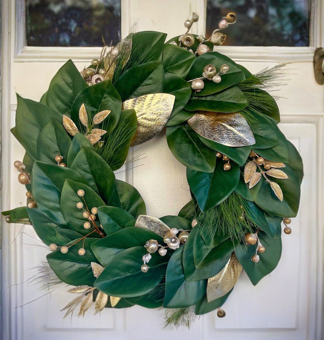 Winter Magnolia Wreath, Christmas Wreath for Front Door, Gold Magnolia ...