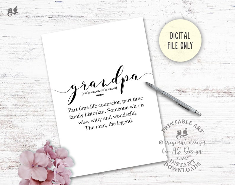 Grandpa Definition Prints, Printable Granddad Posters, Funny Gifts for ...