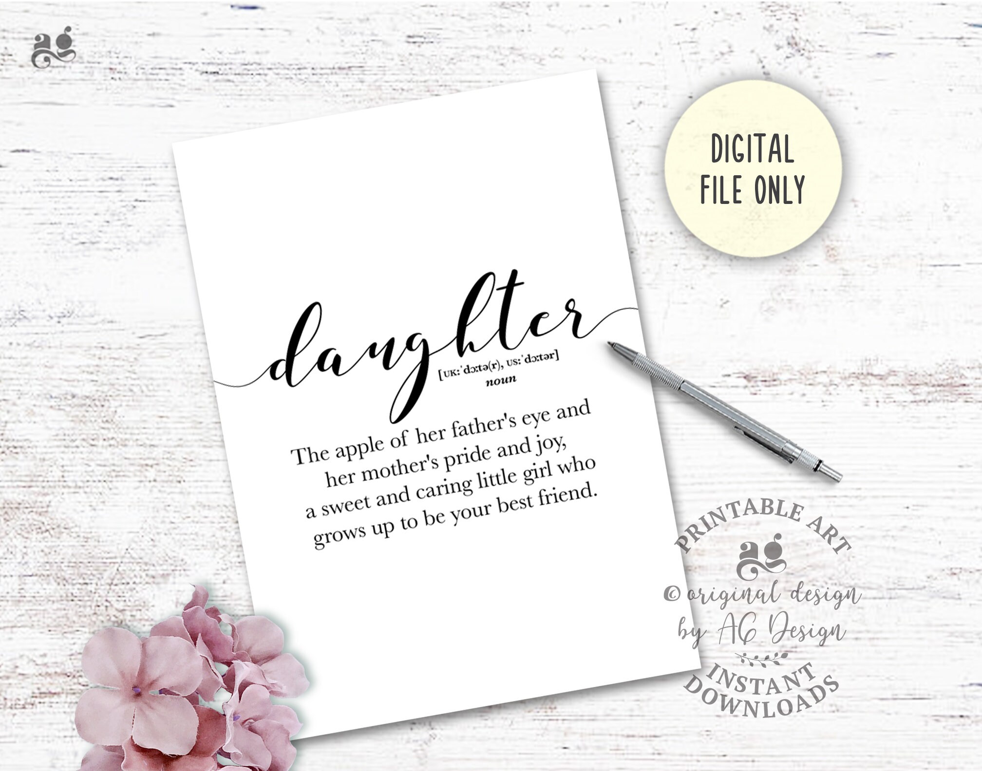 Daughter Definition Digital Download, Daughter Quote Wall Art, Birthday ...