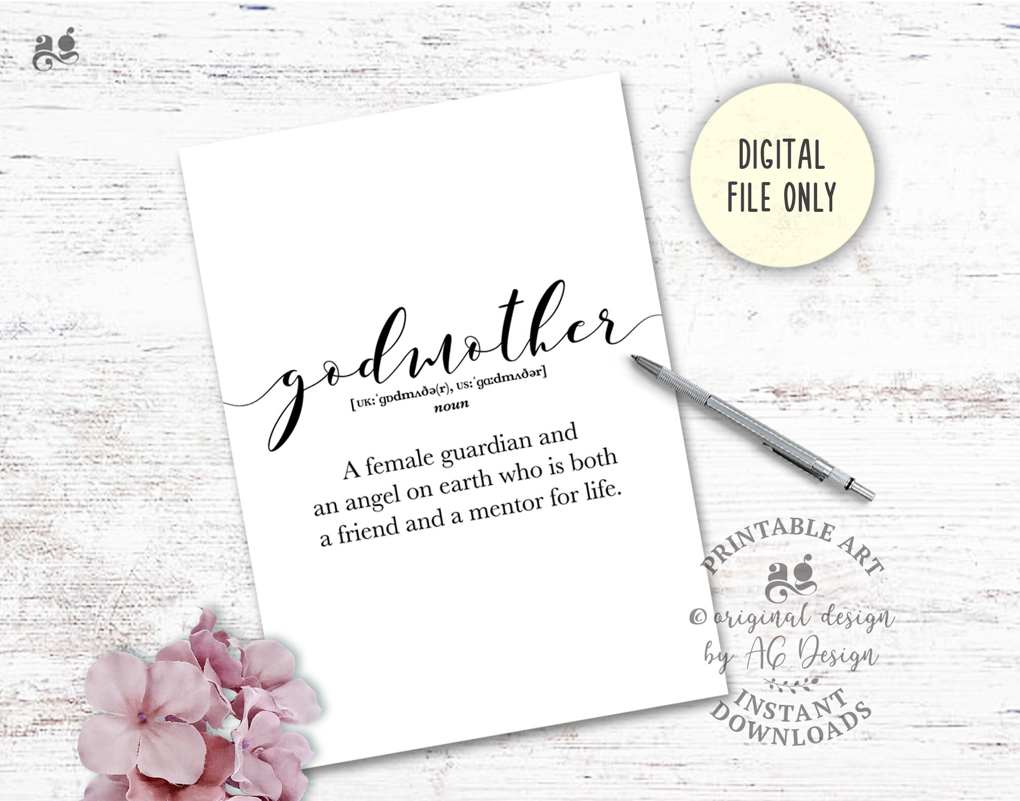 Godmother Definition Poster Gift for Godparent From Godson Goddaughter ...