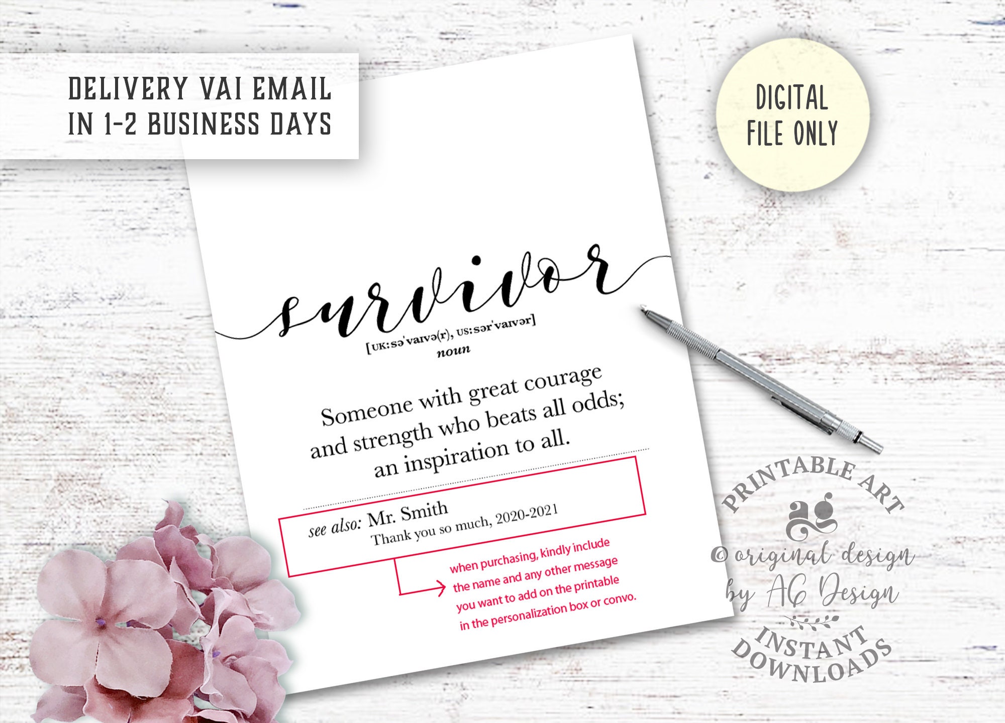 Personalized Survivor Definition Printable Motivational - Etsy