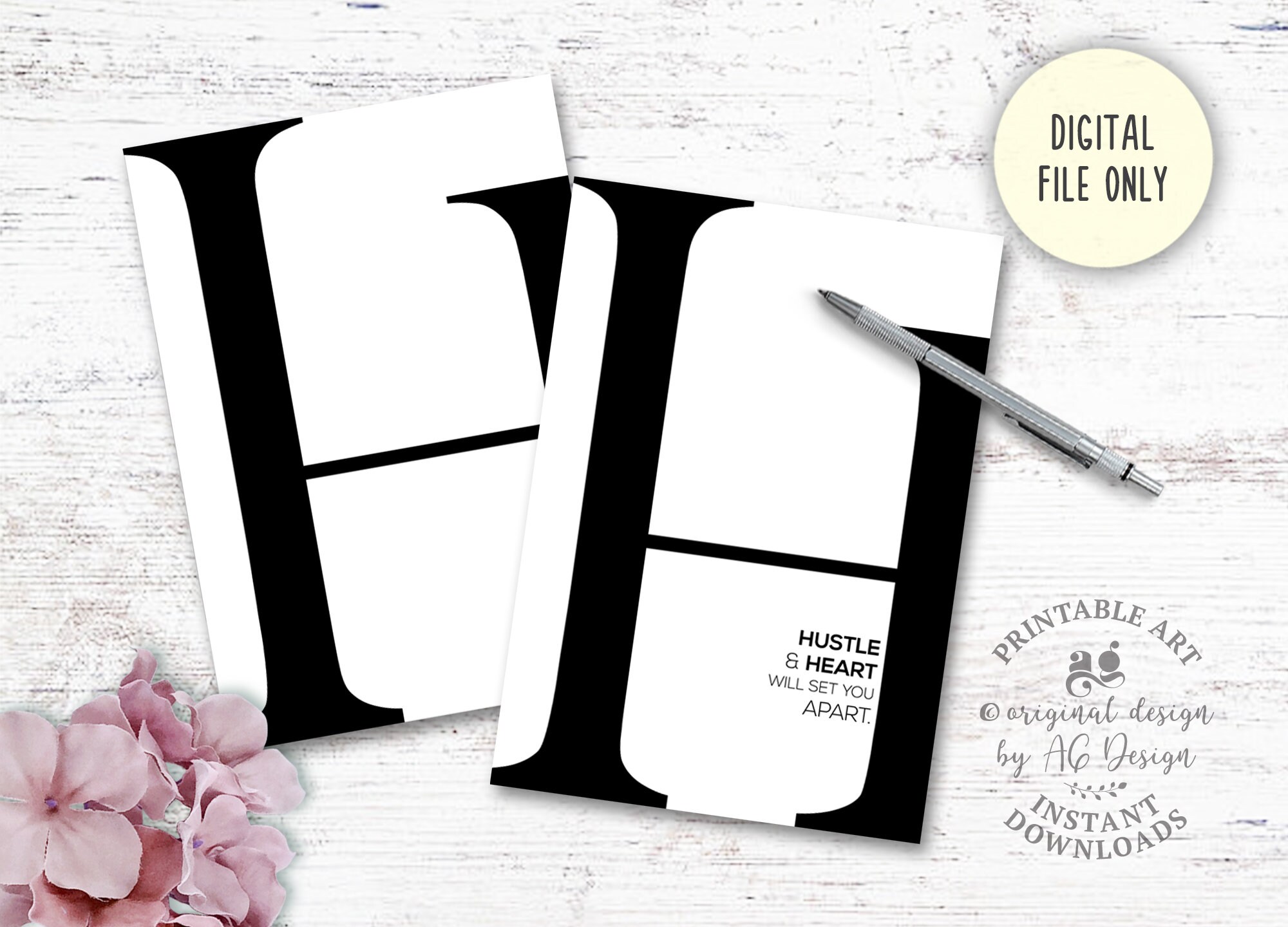Single Letter H Printable Set of 2 Hustle & Heart Quote - Etsy