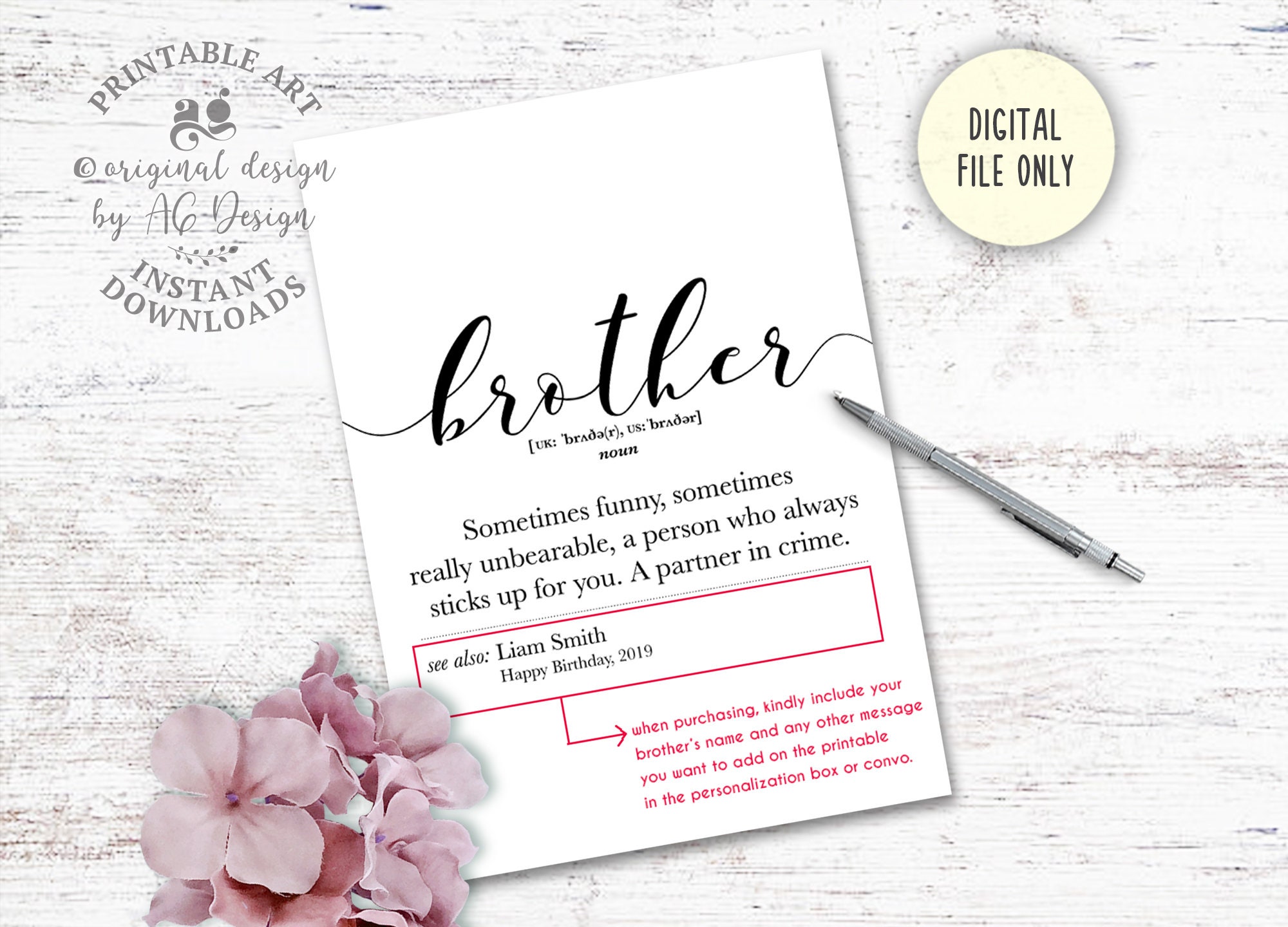 Personalized Brother Print, Brother Definition Printable Art 8 X 10 ...