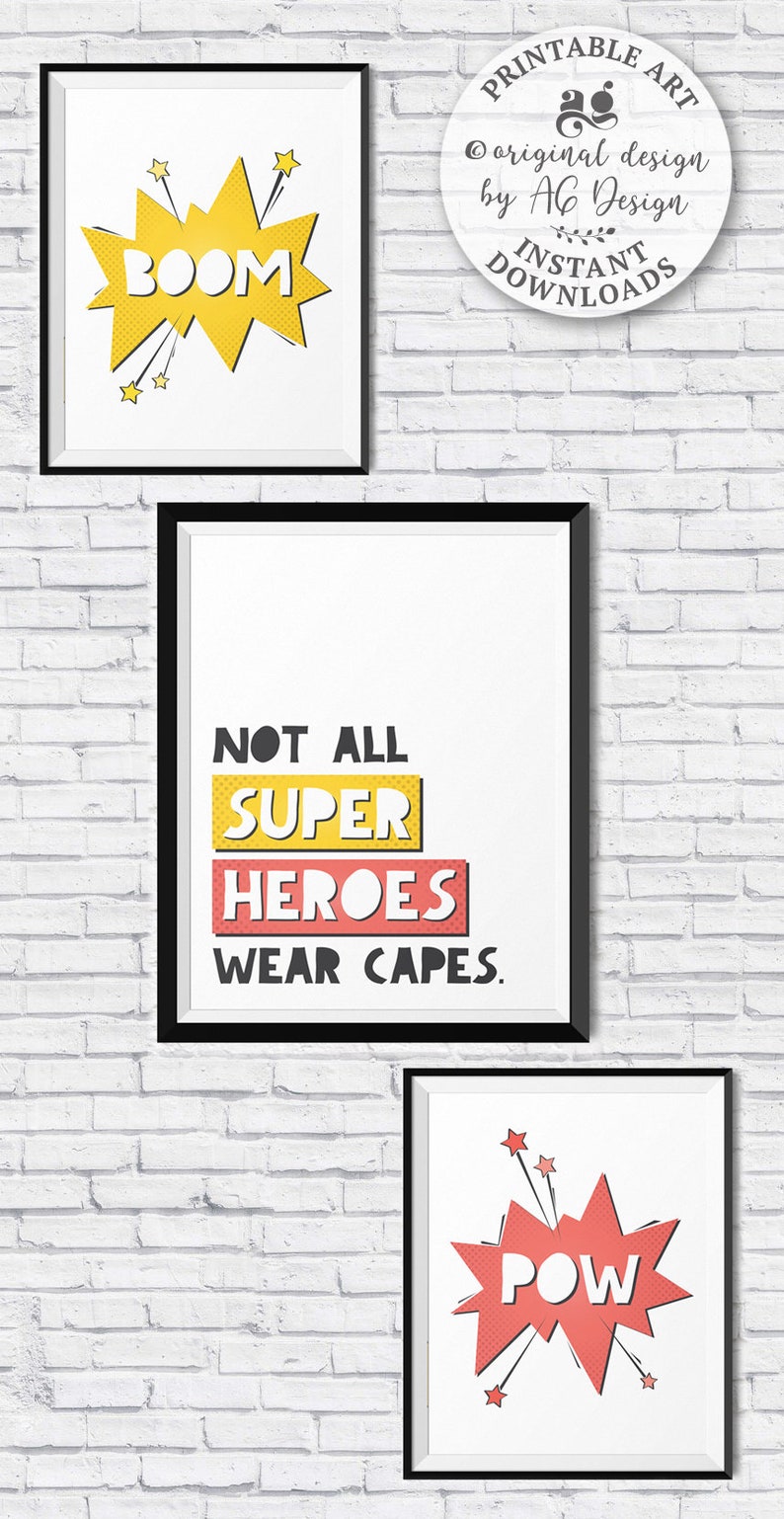 Superhero Decor Set of 3 Boom Pow Printable Wall Art Comic | Etsy