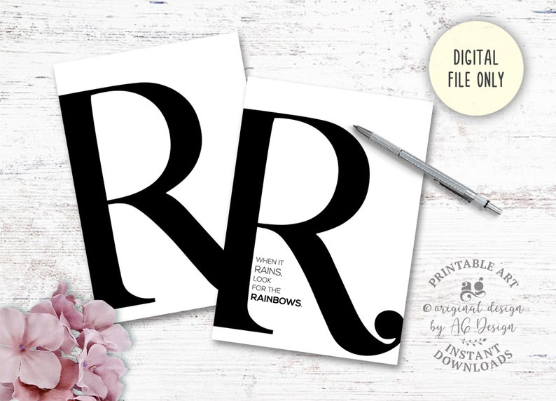 Buy Monogram R Letter Print Set of 2, Rainbows Quote, Printable Big ...
