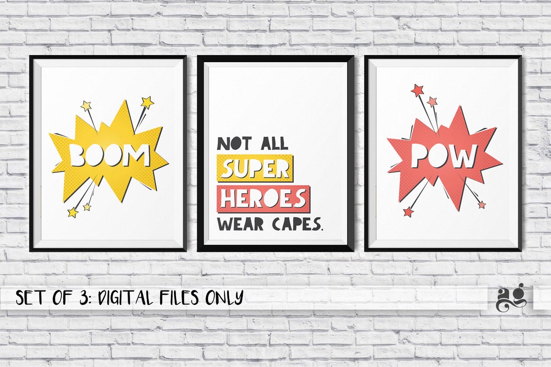 Superhero Decor - Set of 3, Boom Pow Printable Wall Art, Comic Book ...