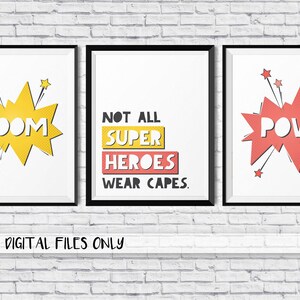 Superhero Decor - Set of 3, Boom Pow Printable Wall Art, Comic Book ...