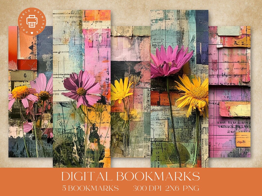 2 X 6 Printable Bookmarks Vintage Vibrant Mixed Media Colorful Textures ...