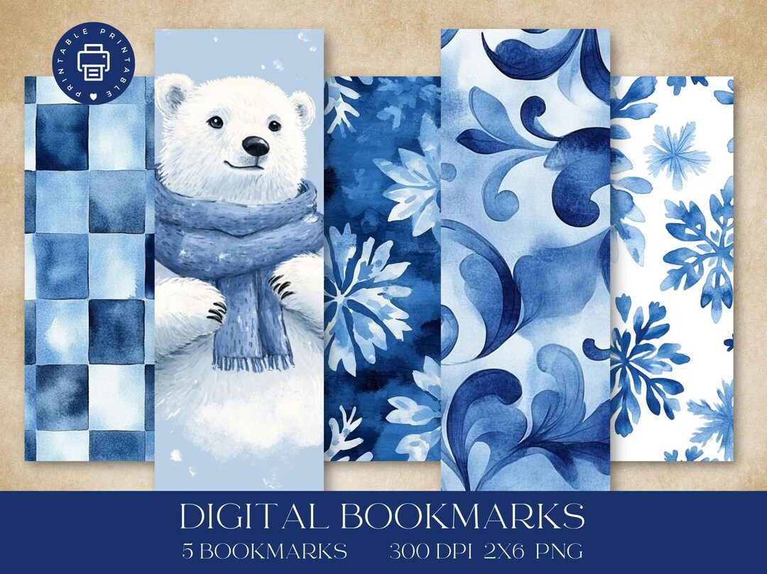 2 X 6 Printable Bookmarks Polar Bear Blue Winter Wonderland Watercolor ...
