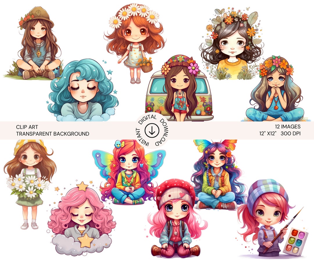 Watercolor Cute Girls Clip Art Bundle | Flowers, Rainbows, Hippie, 12 ...