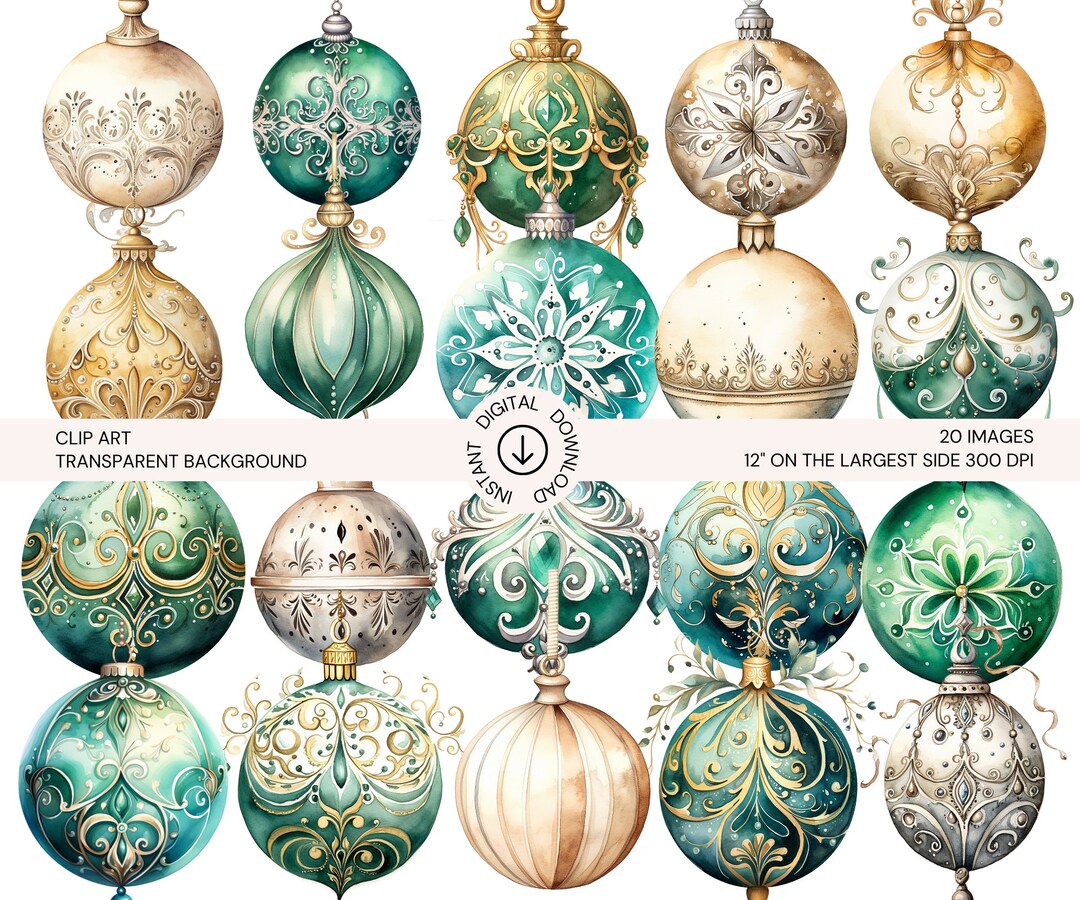 Watercolor Christmas Ornaments Clip Art | Teal, Green, Gold (digital ...