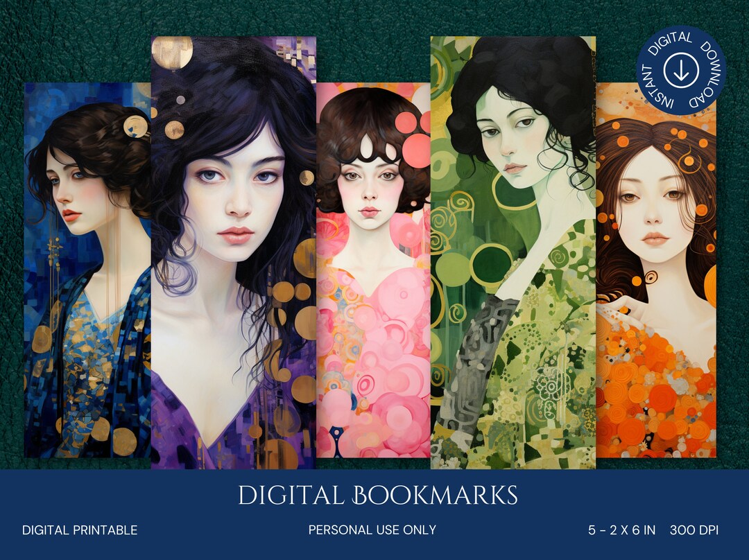 Klimt Inspired Printable Bookmarks 2x6 || Vibrant Colors, Gold Swirls ...