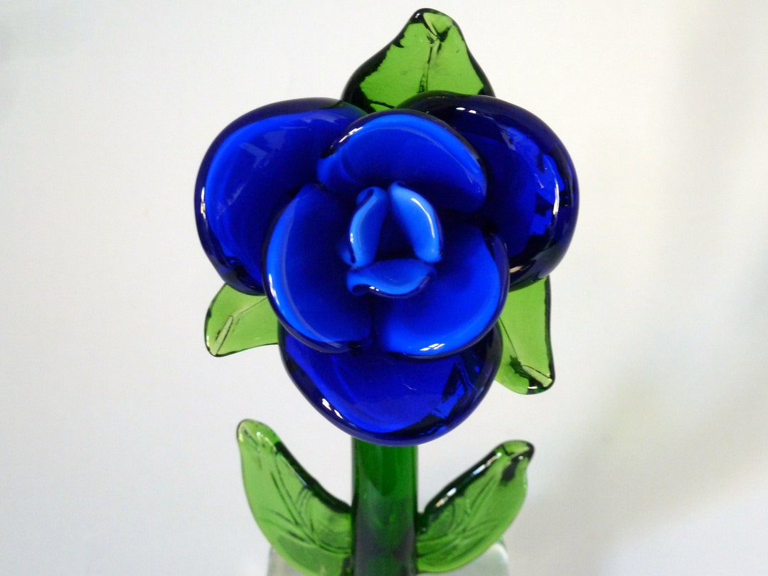 Blue Glass Rose - Rose Glass Sculpture With Green Leaves & Stem and ...