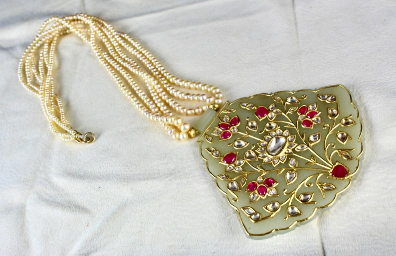 Antique Estate Old Jade MUGHAL Unheated Ruby DIAMOND 22K Gold Pearl ...