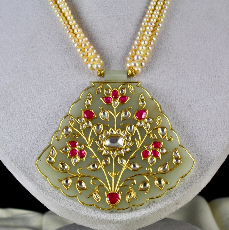 Antique Estate Old Jade MUGHAL Unheated Ruby DIAMOND 22K Gold Pearl ...