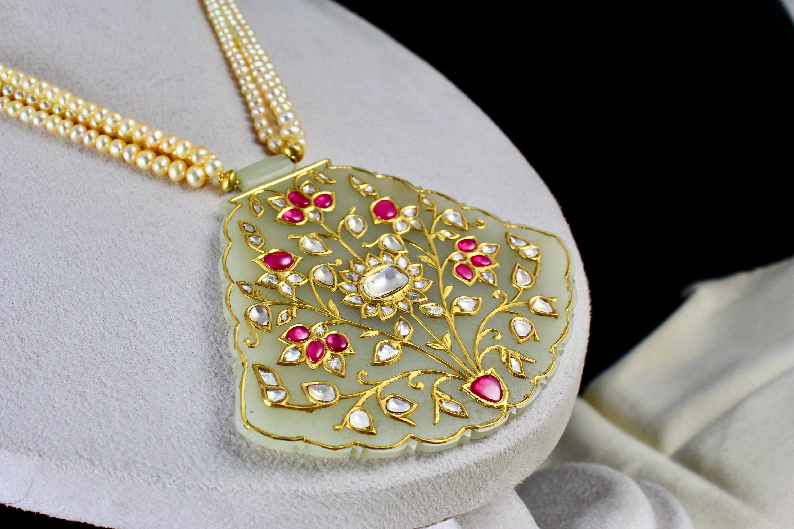 Antique Estate Old Jade MUGHAL Unheated Ruby DIAMOND 22K Gold Pearl ...