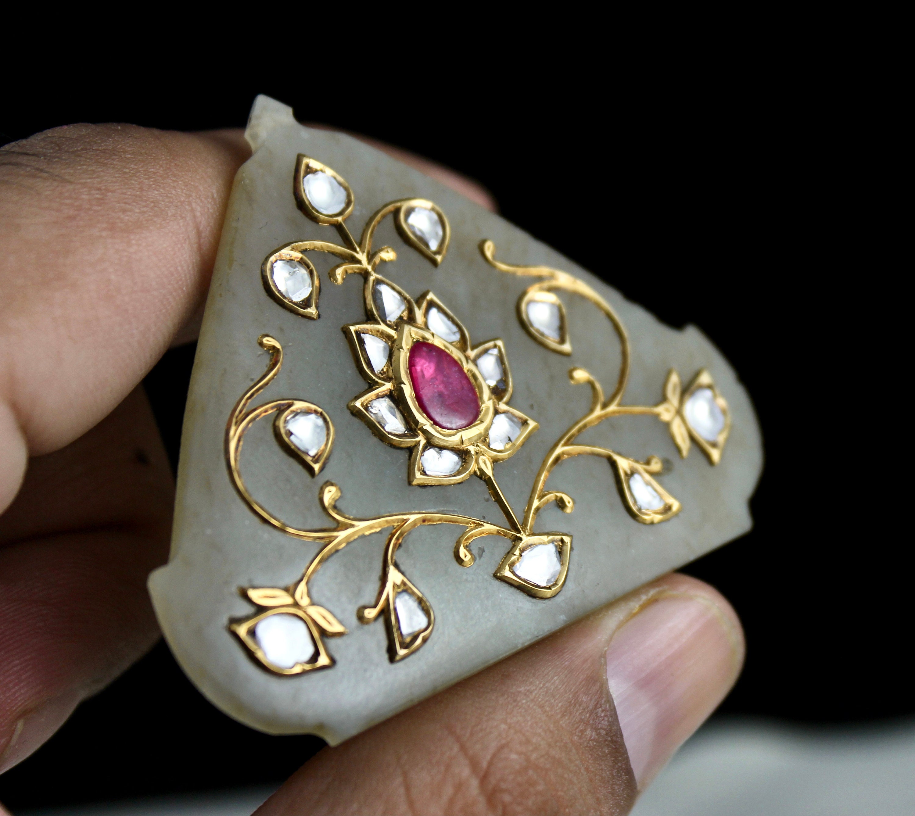 Estate Old PERSIAN JADE PENDANT With Flat Diamond Natural Ruby 22K ...