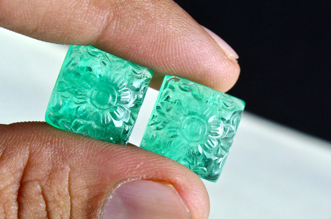 Natural Emerald Mughal Engraved 15mm Square Pair 28.70 Ct Certified ...