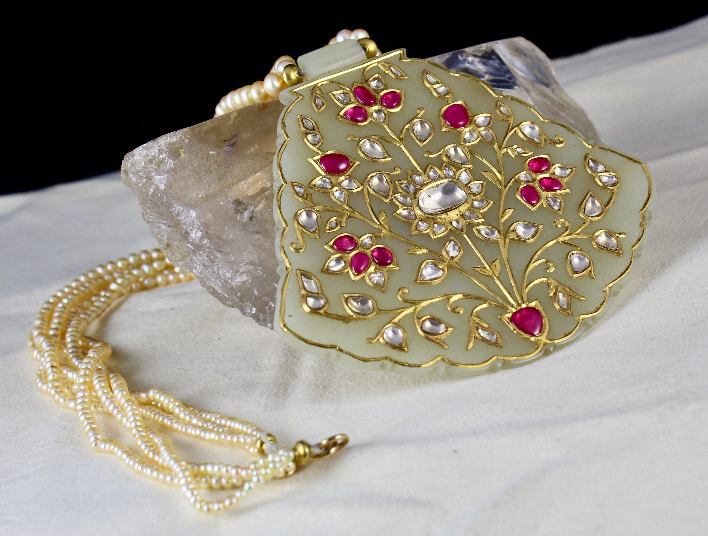Antique Estate Old Jade MUGHAL Unheated Ruby DIAMOND 22K Gold Pearl ...