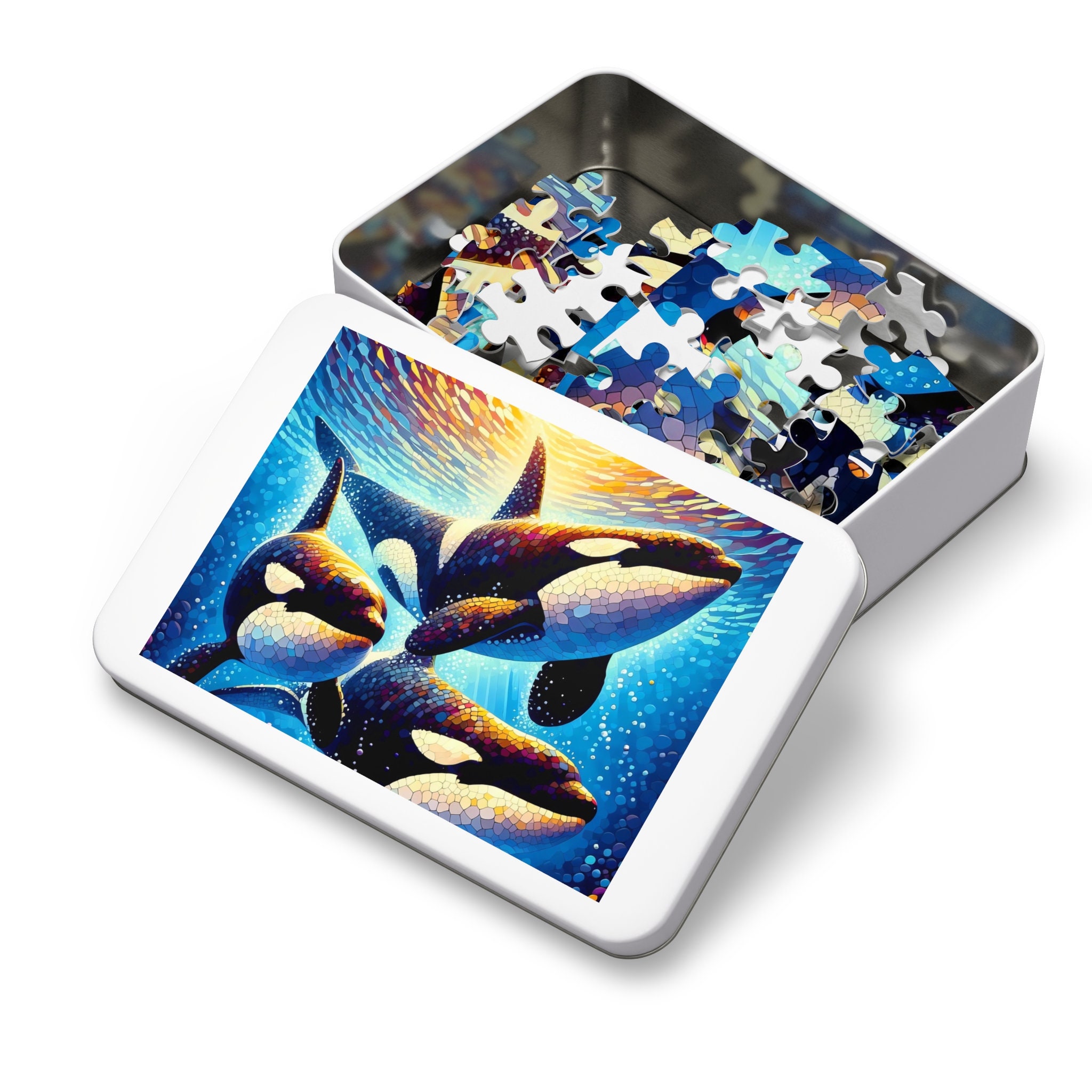 Killer Whales Swimming Together Mosaic Jigsaw Puzzle (30, 110, 252, 500 ...
