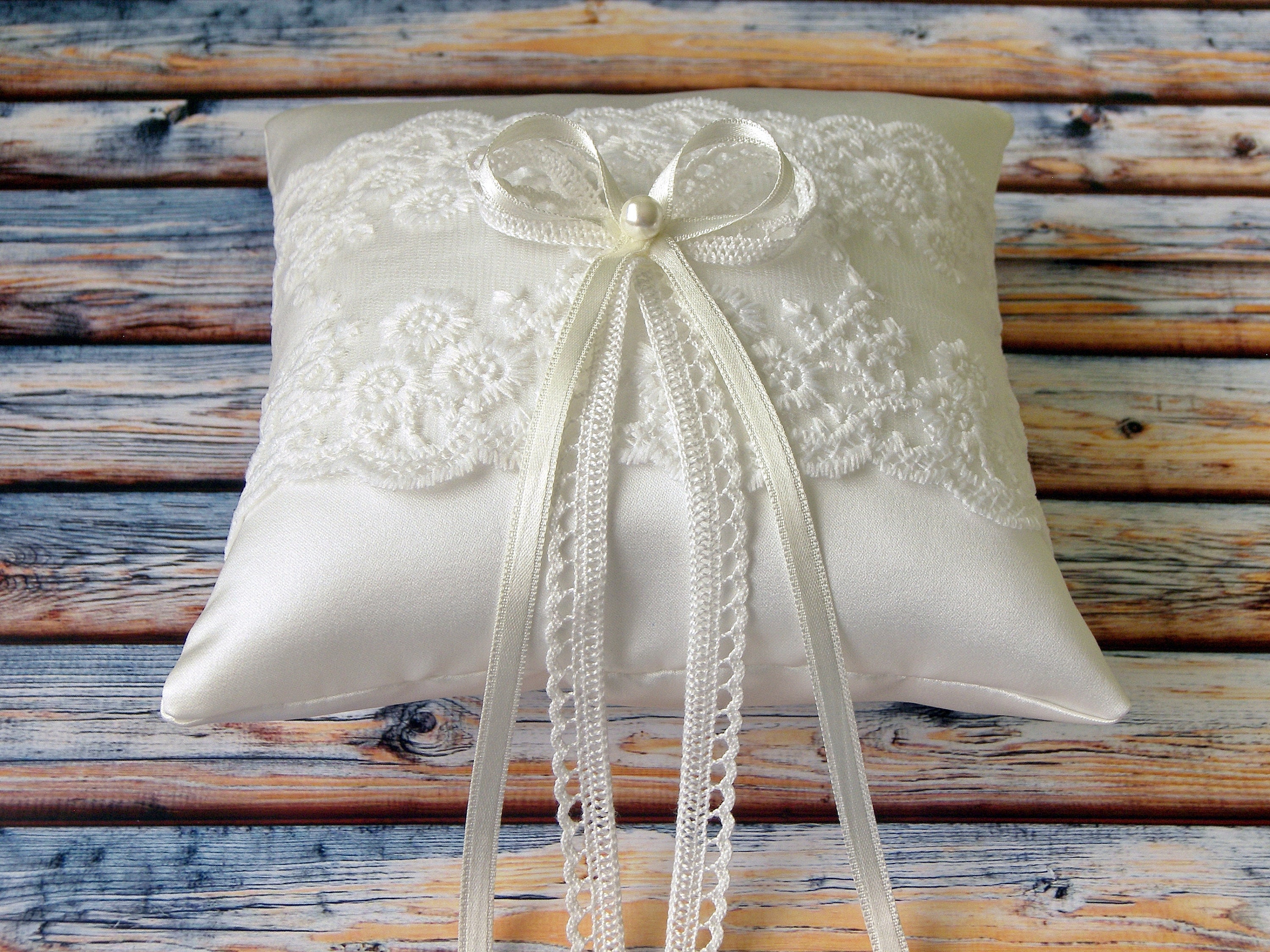 Ivory Ring Pillow With Embroidered Lace and Pearl, Wedding Ring Pillow ...