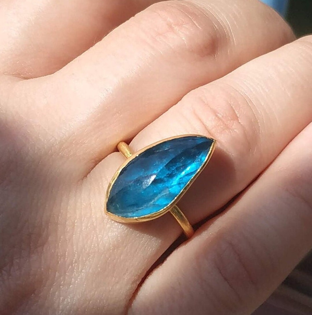 Apatite Stone Sterling Silver Ring, Big Blue Stone Jewelry, Handmade ...